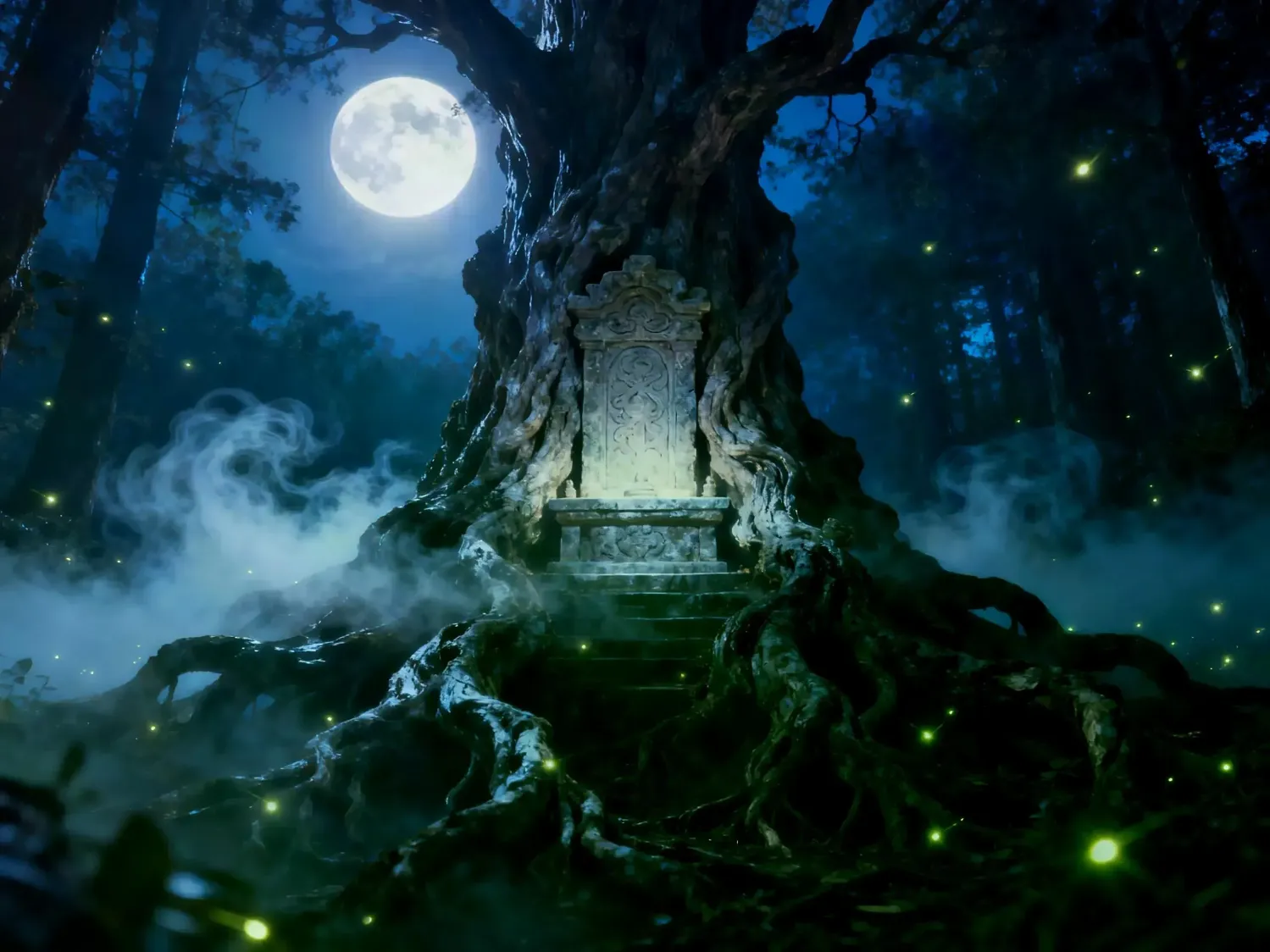 Mystical Forest: The Ethereal Tree Altar Beneath the Moon