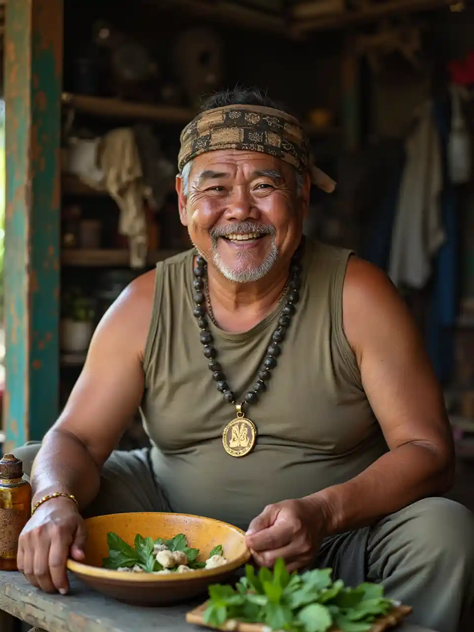 Cheerful Filipino Healer Selling Herbal Remedies