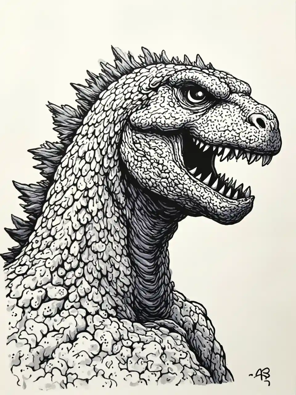 Godzilla Ink Illustration by Hergé in Tin-Tin Style