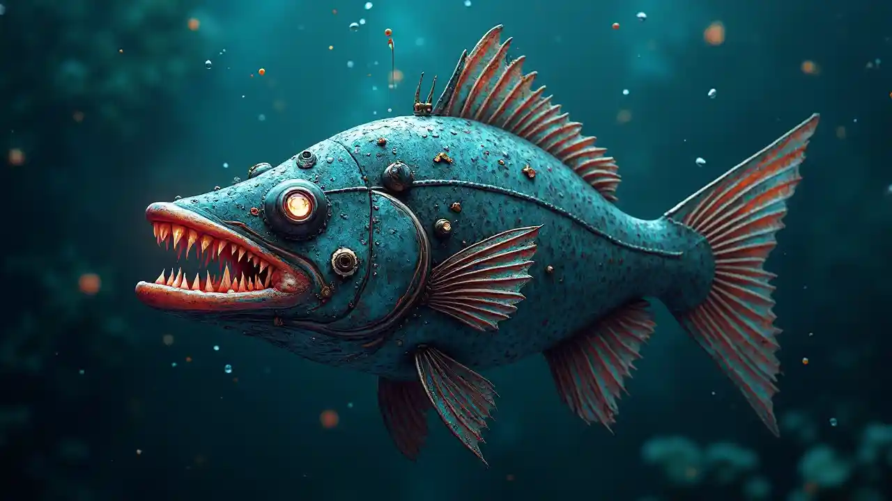 Steampunk Angler Fish Artwork in Dark Ocean