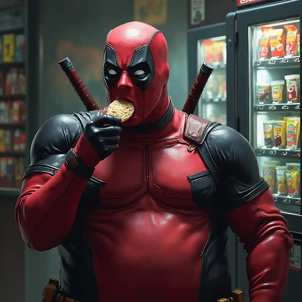 Obese Deadpool Snacking from Vending Machine