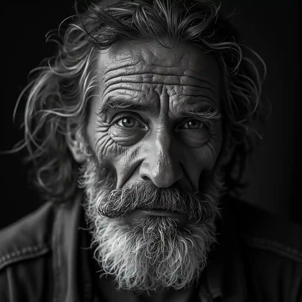 Old Homeless Man Dramatic B&W Portrait