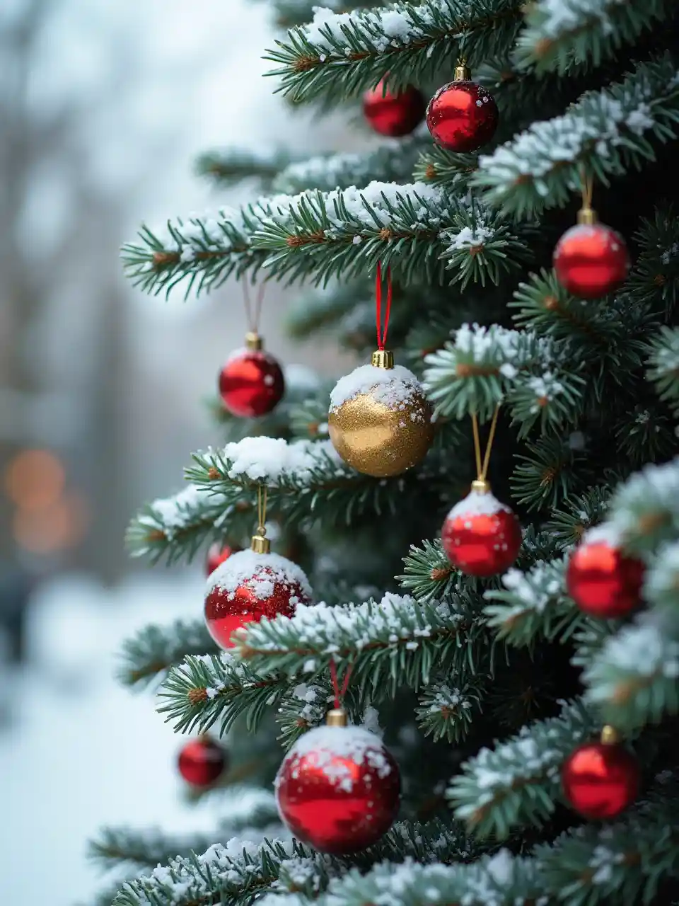 Christmas Holly Tree with Snow and Ornaments