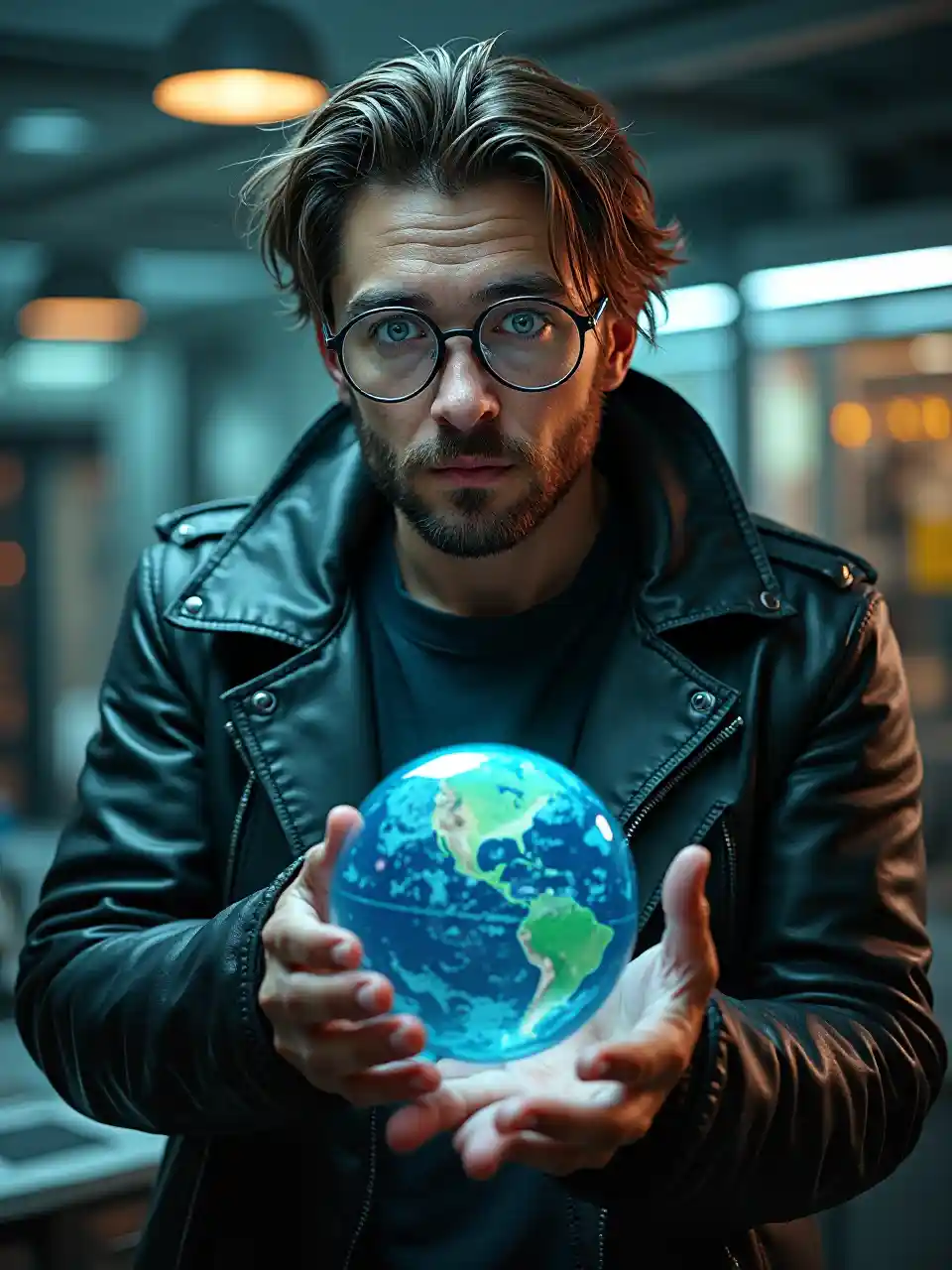 Cyberpunk Character Steve with Hologram Earth