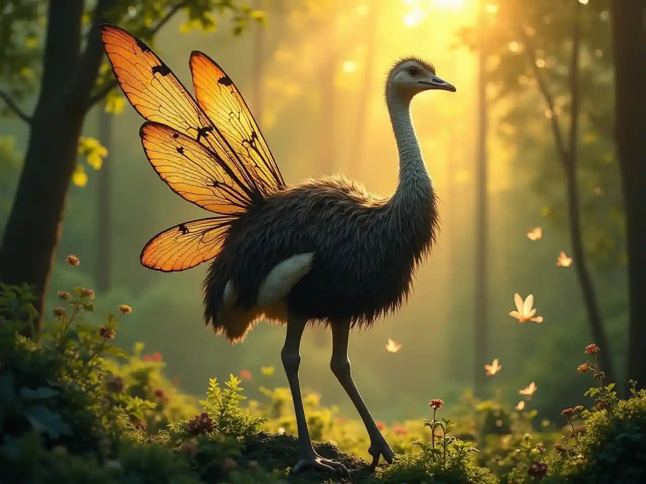 A Surreal Emu with Giant Dragonfly Wings in a Sunset Forest