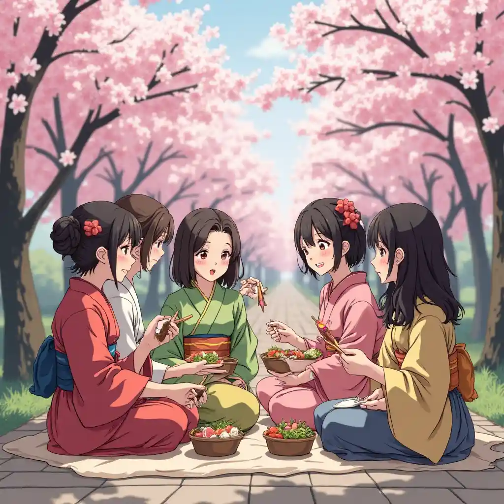 Japanese University Students Enjoying Picnic Under Sakura Trees