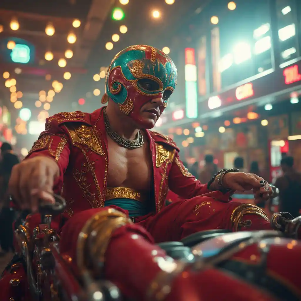 Dynamic Luchador Wrestler on Futuristic Arcade Ride