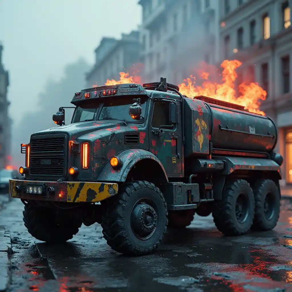 A Heavily Armored Cyberpunk Flamethrower Truck for Urban Warfare
