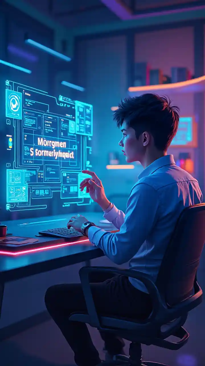 Futuristic Workspace of a Content Creator with Advanced AI Tools