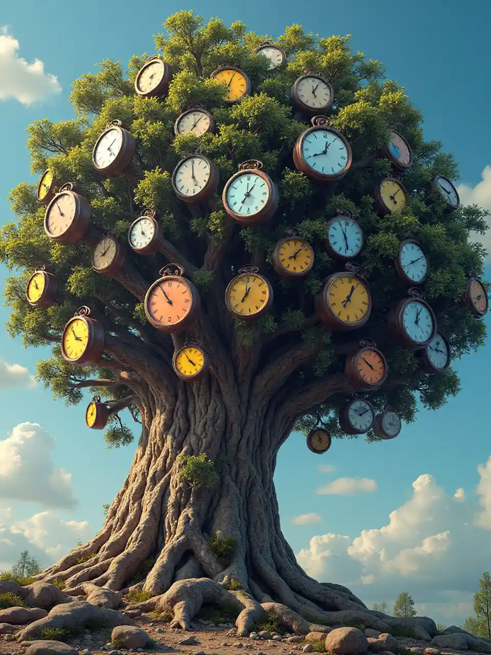 A Magical Tree with Clocks Showing Different Times