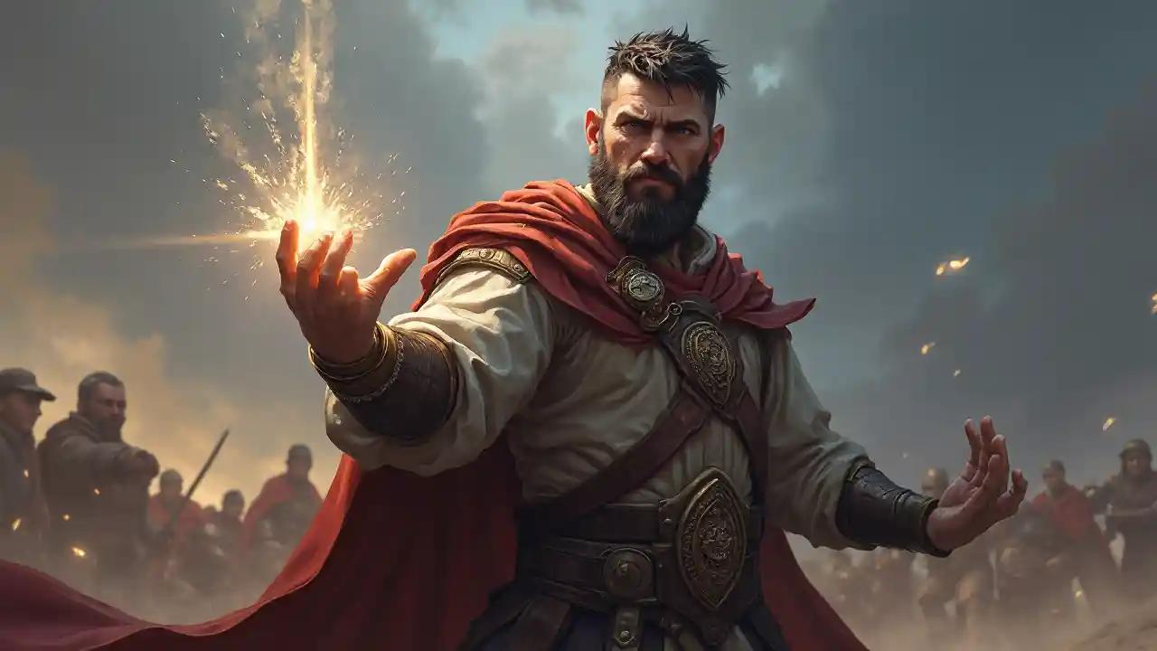 Cleric in Battle Casting a Prismatic Spell