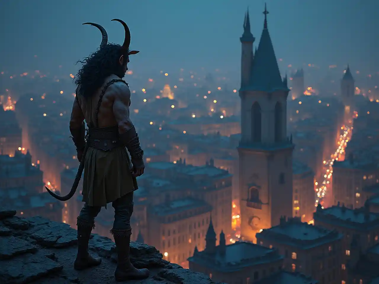 A Heroic Satyr Ranger Overlooks a Fantasy City