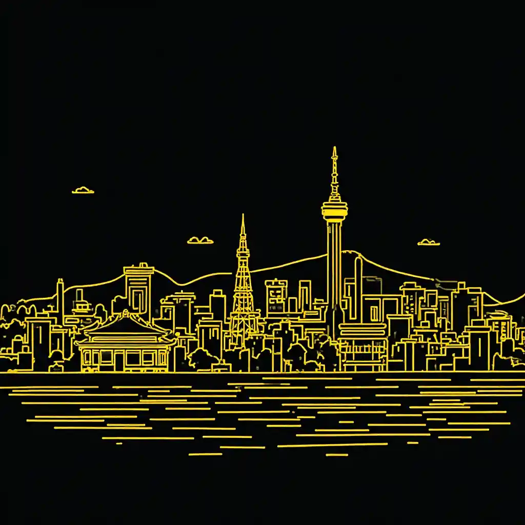 Yellow Line Drawing Illustration of Seoul's Major Landscapes