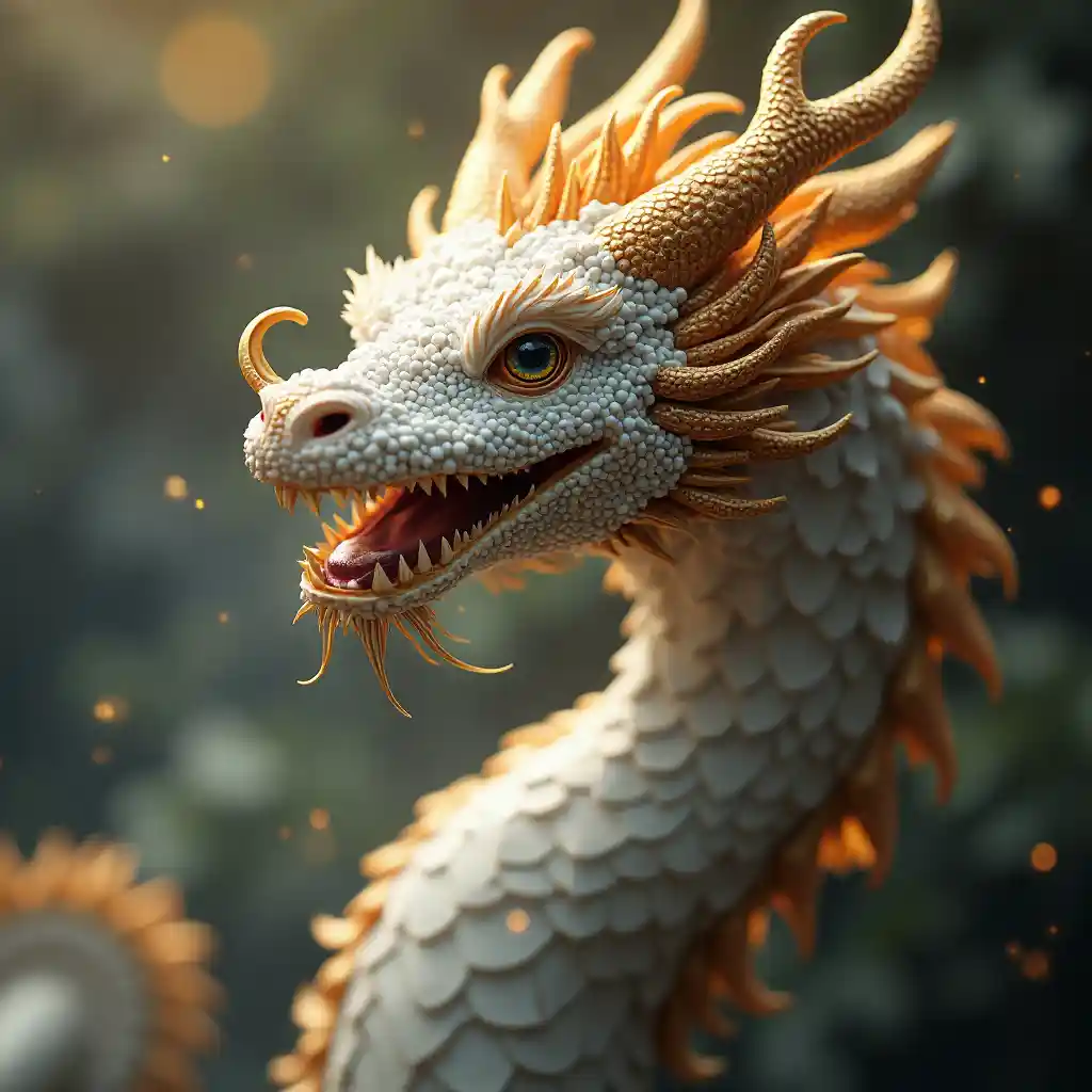 Golden Celestial Dragon's Epic Smile with Floral Scale Details