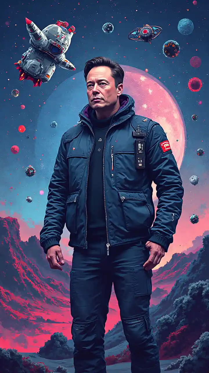 Elon Musk Surrounded by Futuristic Pixel Art Innovation