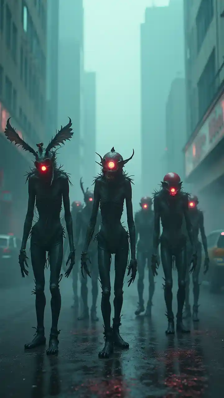 A Surreal Parade of Grotesque Creatures in Neon Fog