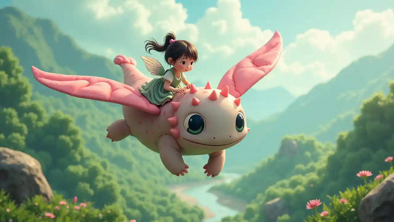 Adventurous Ride on a Flying Axolotl Through a Magical Valley