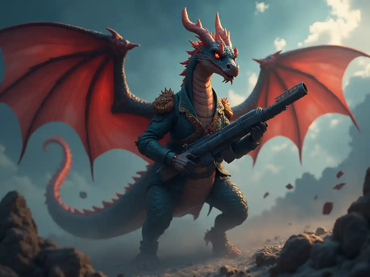 A Dragon General Wielding a Bazooka in the Storm