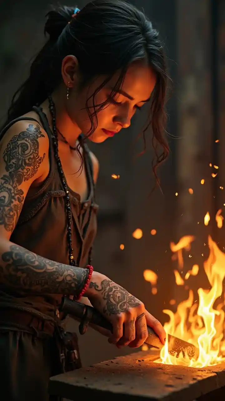 Girl with Henna Tattoos Forging a Powerful Weapon