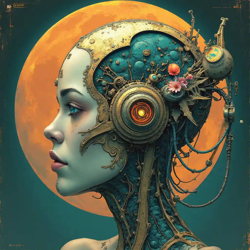 Grotesque Cyberpunk Portrait Rendered in Art Nouveau Style