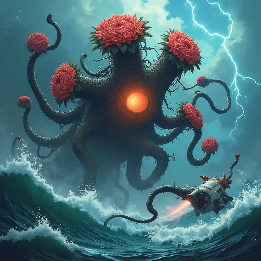 Epic Battle of a Botanical Kaiju Hydra in a Stormy Ocean