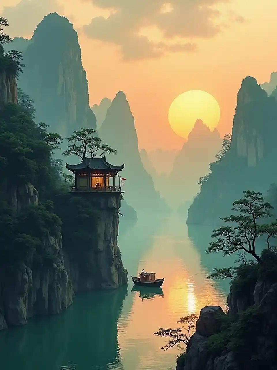 Tranquil Sunset Over Chinese Landscape in Ink Painting Style