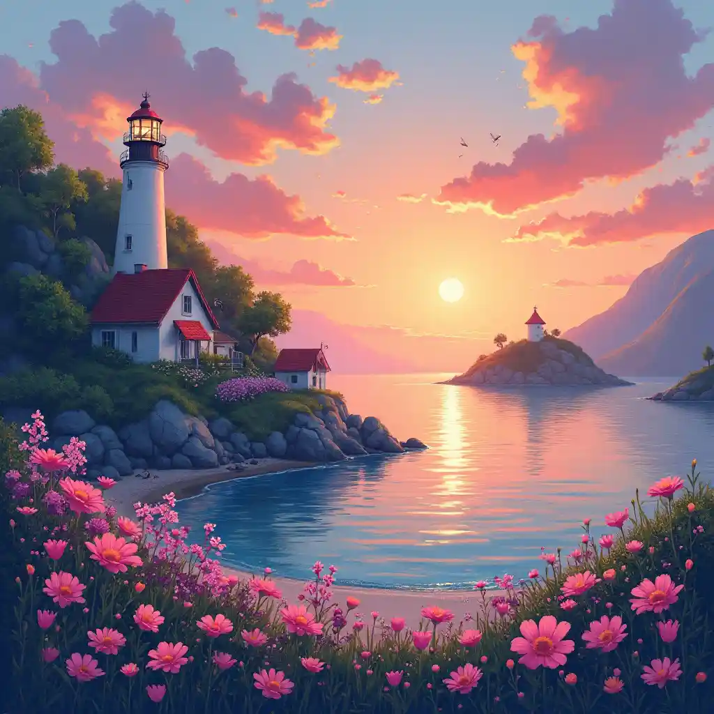 A Serene Lakeside Sunset Illustration with Vibrant Colors