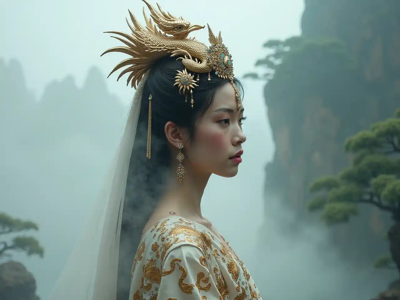 Majestic Roman Empress Enveloped in Ethereal Mountain Fog