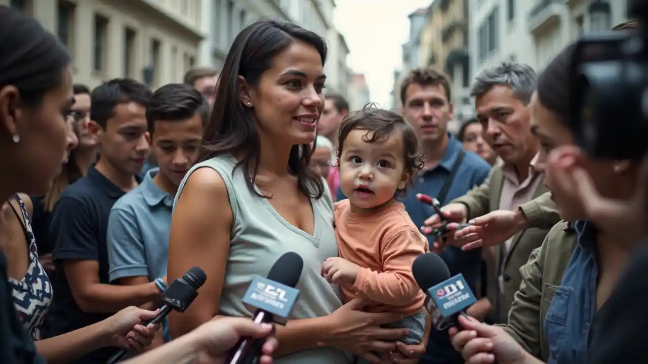 A Woman Holding a Child Being Interviewed by Reporters