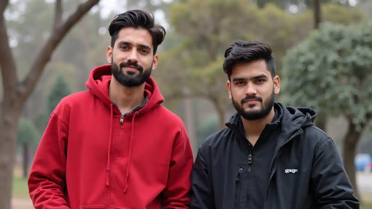 Stylized Outdoor Portrait Featuring Two Distinctive Men