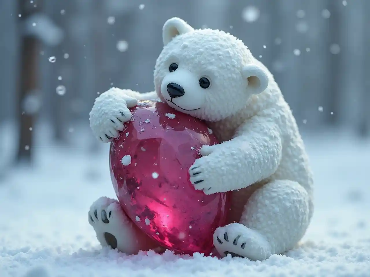 A Polar Bear Embracing a Ruby Gem Statue in Snowy Landscape