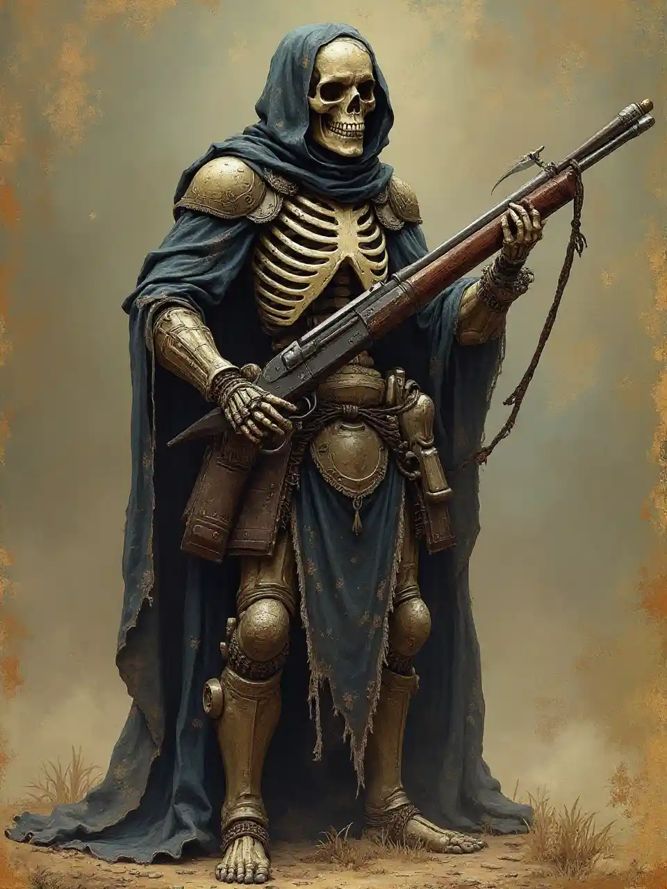 Gothic Art Depiction of Skeleton Warrior with Historic Firearm