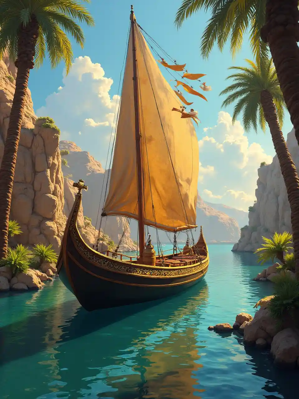 A Serene Egyptian Barge on a Bright River with Wind Chimes