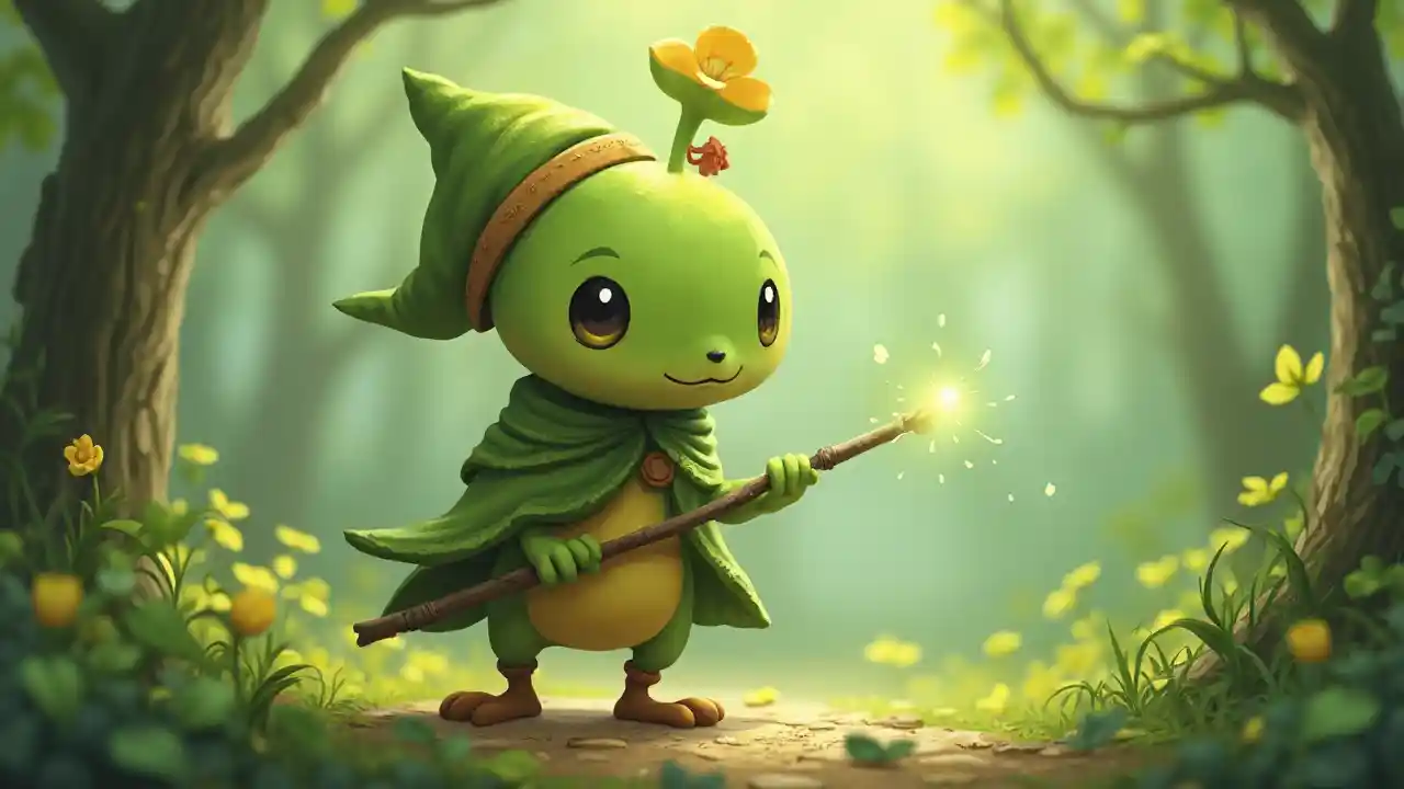 Adorable Korok-Pikmin Hybrid Wielding Ancient Magic
