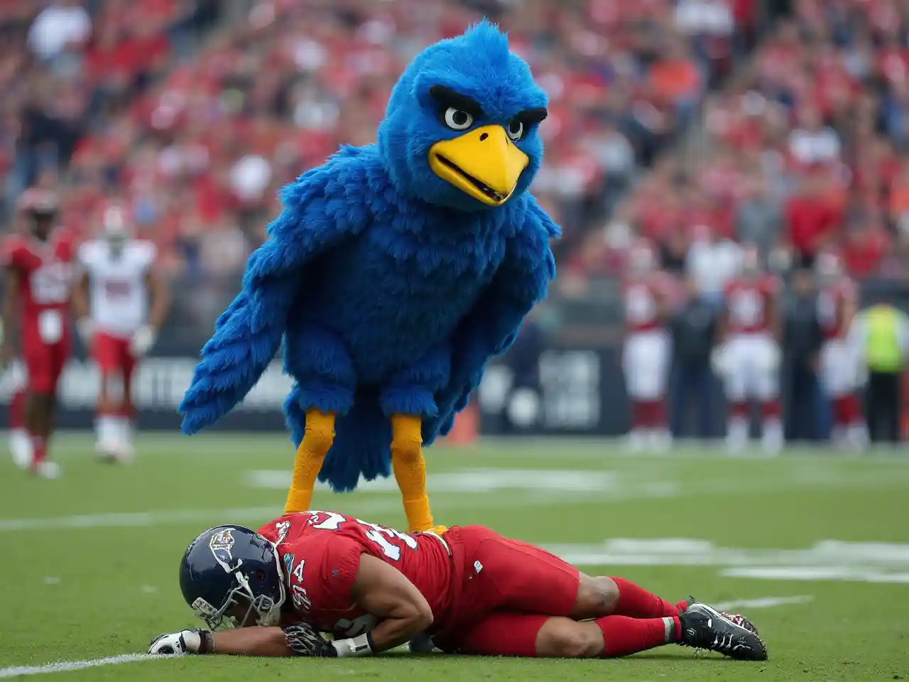 The Unforgettable Scene of a Blue Bird Mascot in Action