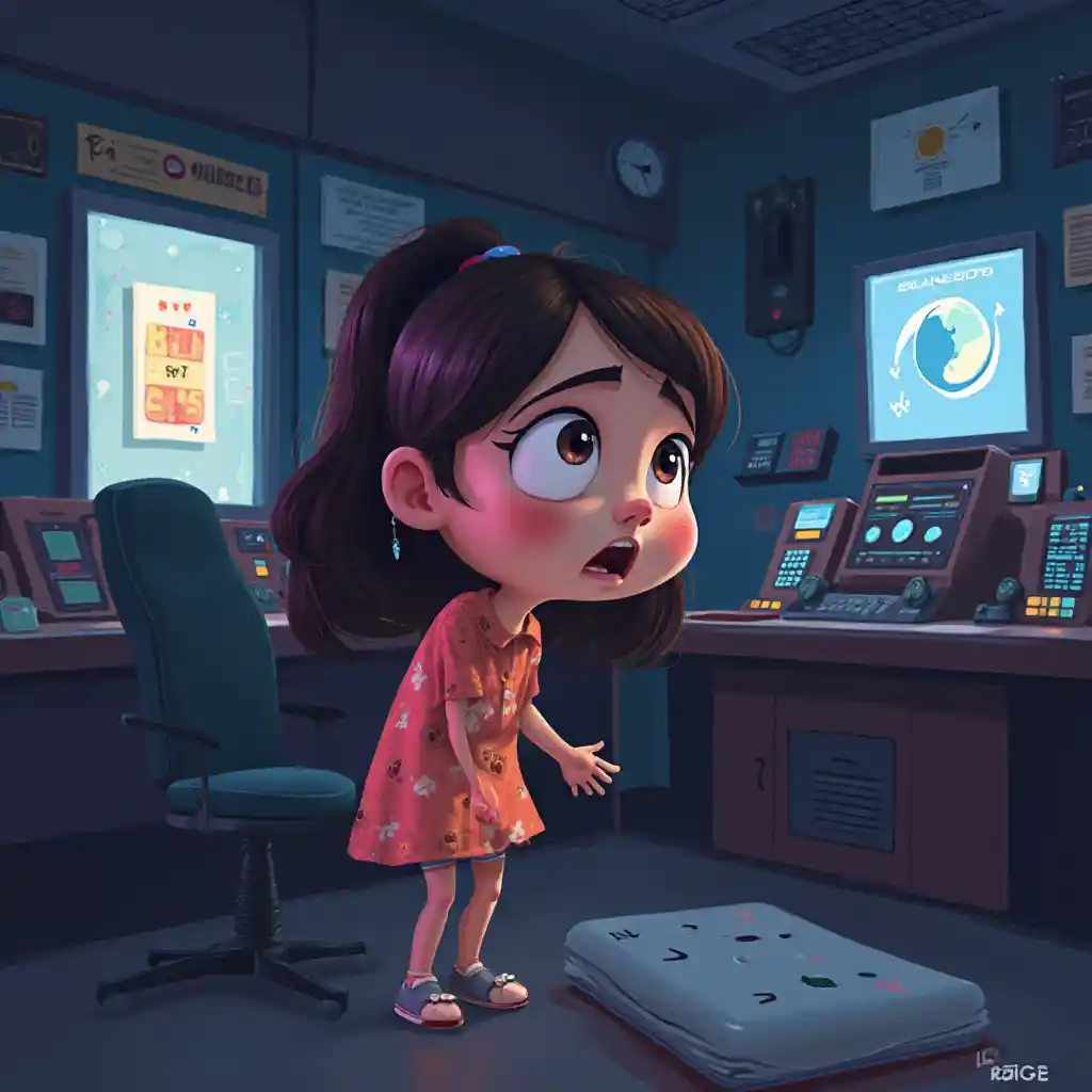 Scared Cartoon Girl Riley in Control Room Digital Painting