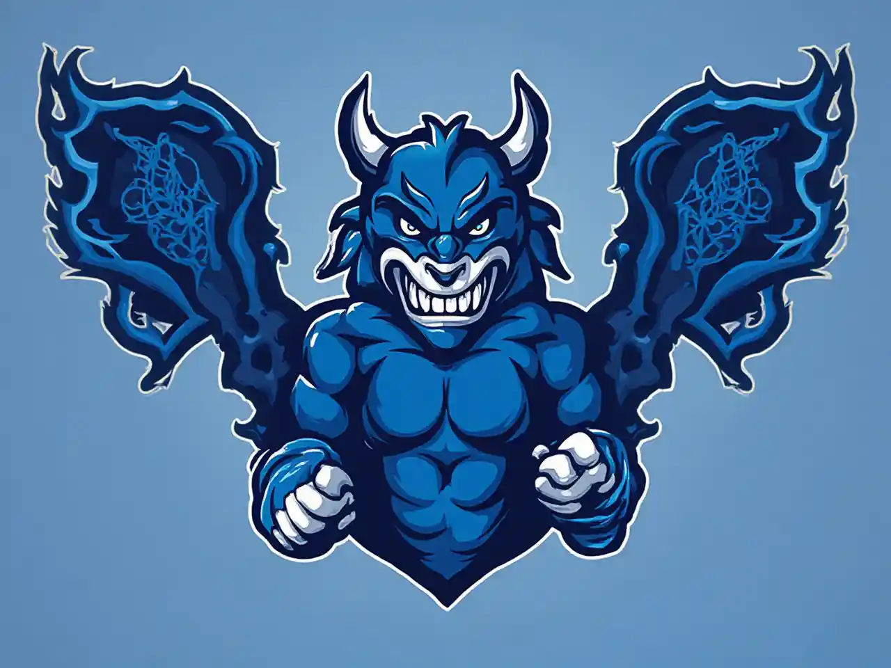 Creative Blue Devil Design Featuring Trident and Lacrosse Stick