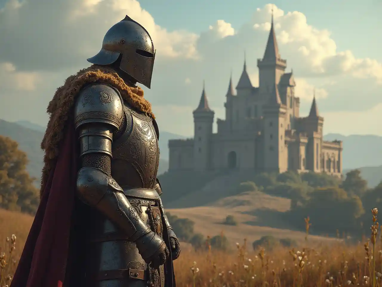 A Majestic Knight Standing Tall Before The Castle