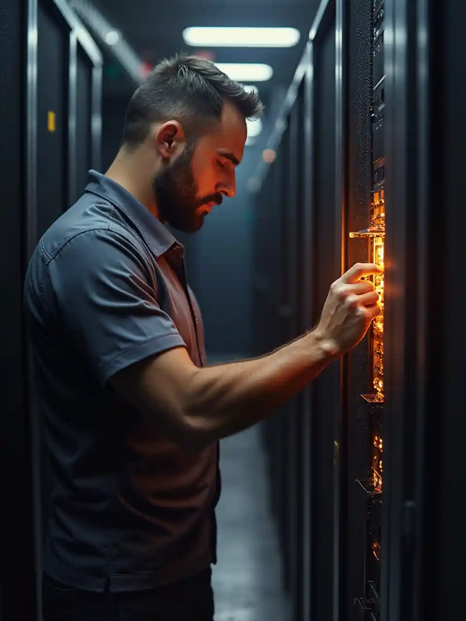 Technician Reacts to Minor Blaze in Data Center Server Rack