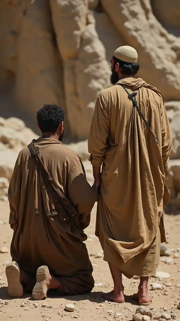 Ancient Jewish Men in Traditional Attire Against Rocky Landscape