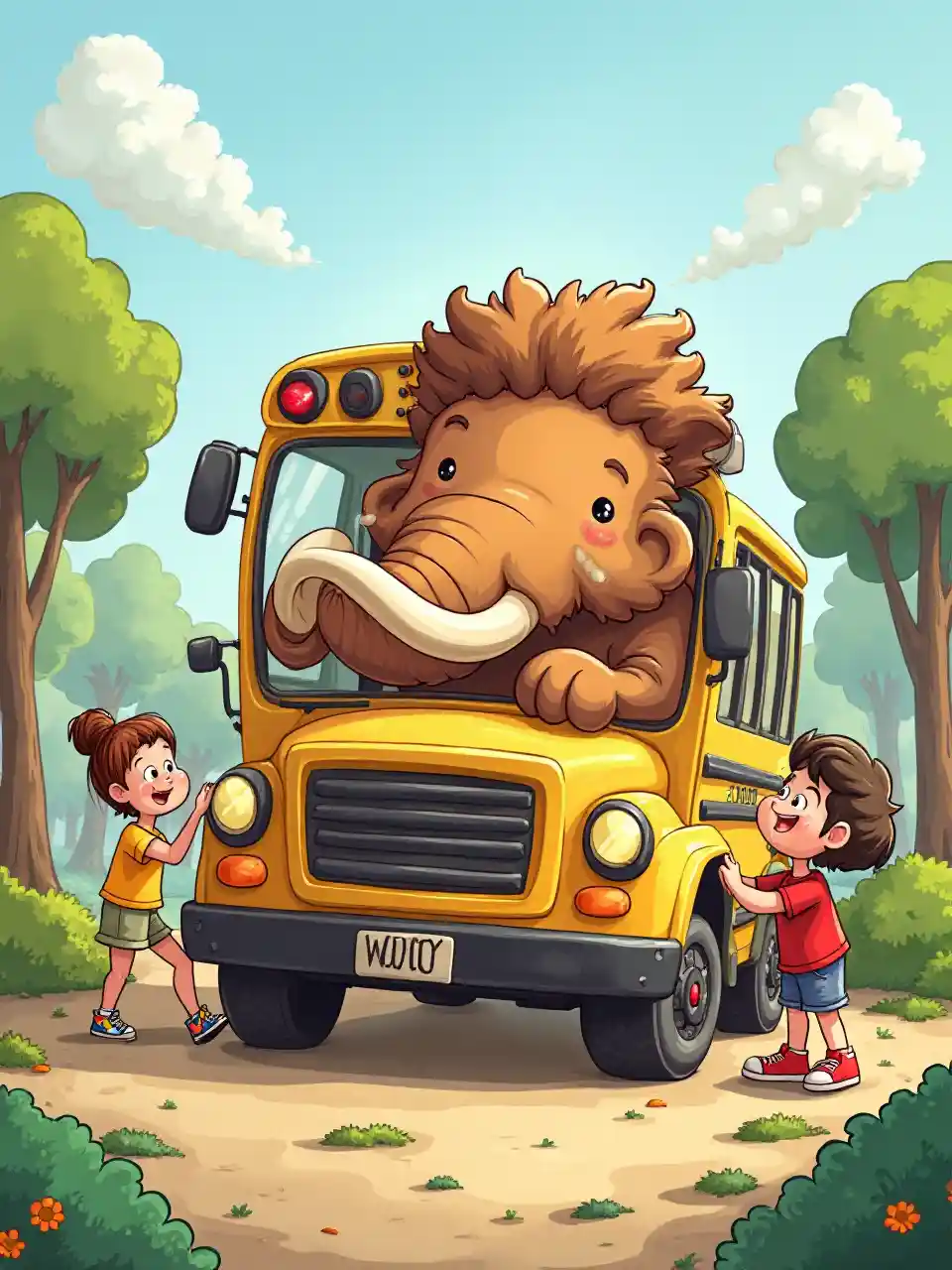 Whimsical Outdoor Scene with a Wooly Mammoth School Bus