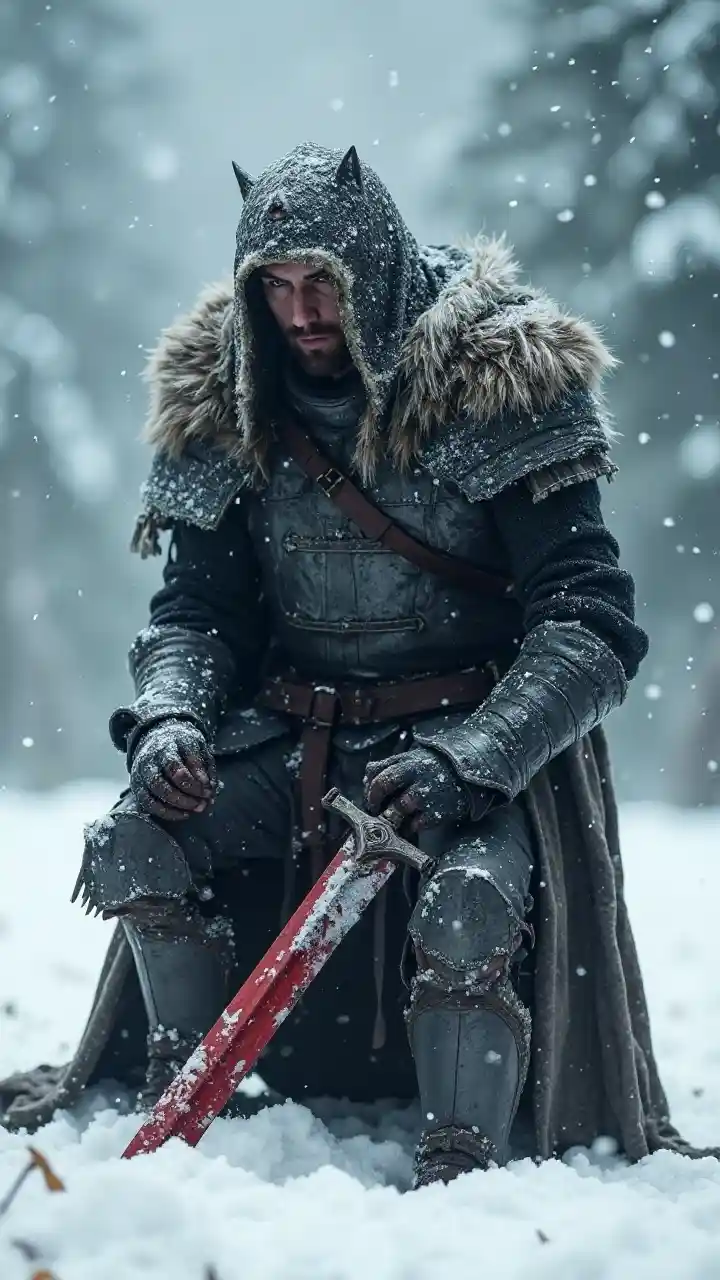A Valiant Knight Battling the Blizzard with Bloodied Sword