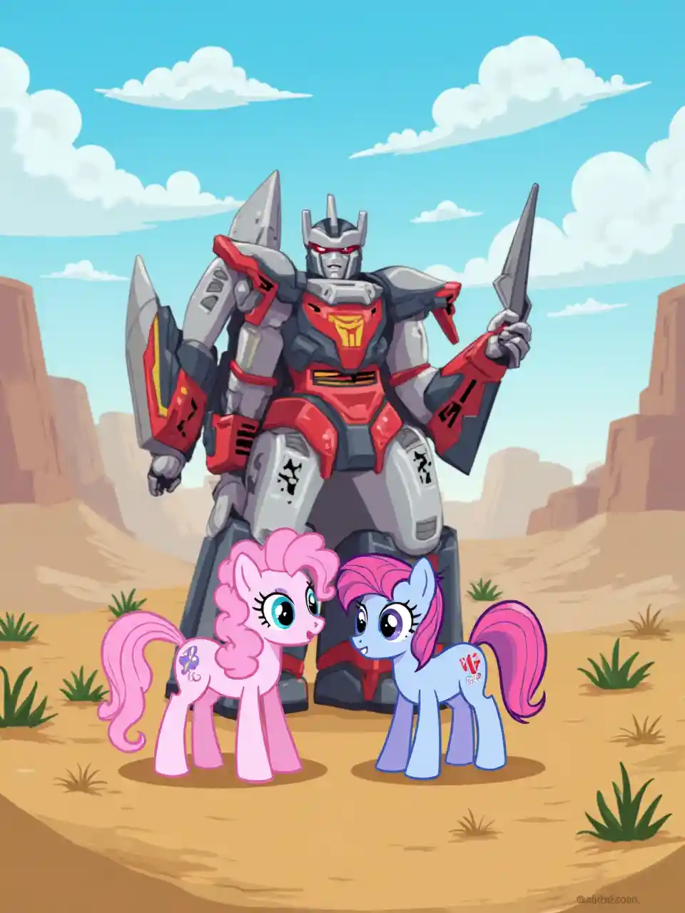 Digital Illustration of My Little Pony and Transformer in Desert