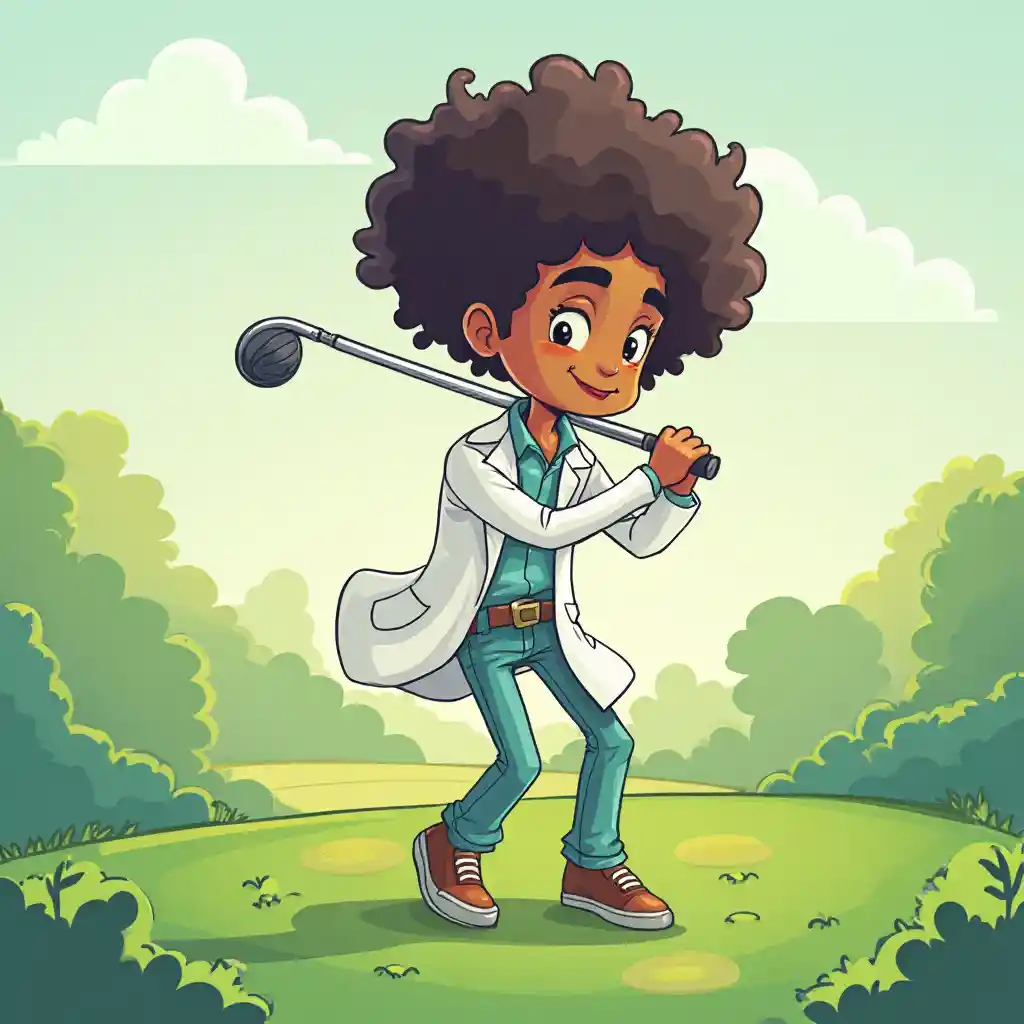Cartoon Doctor Swings Golf Club on a Green Course