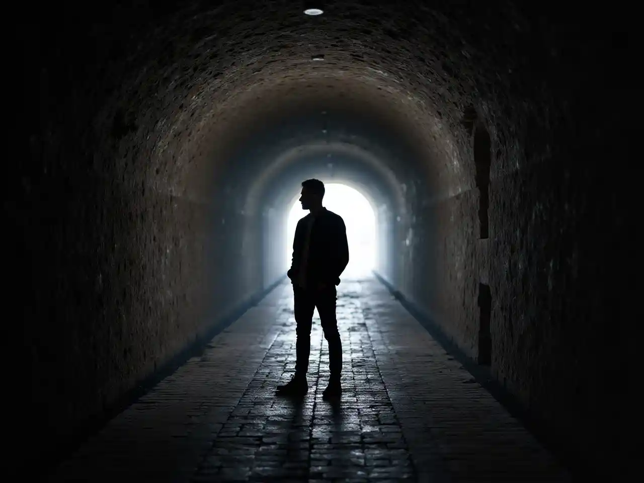 Mysterious Silhouette in the Dark Tunnel Basement