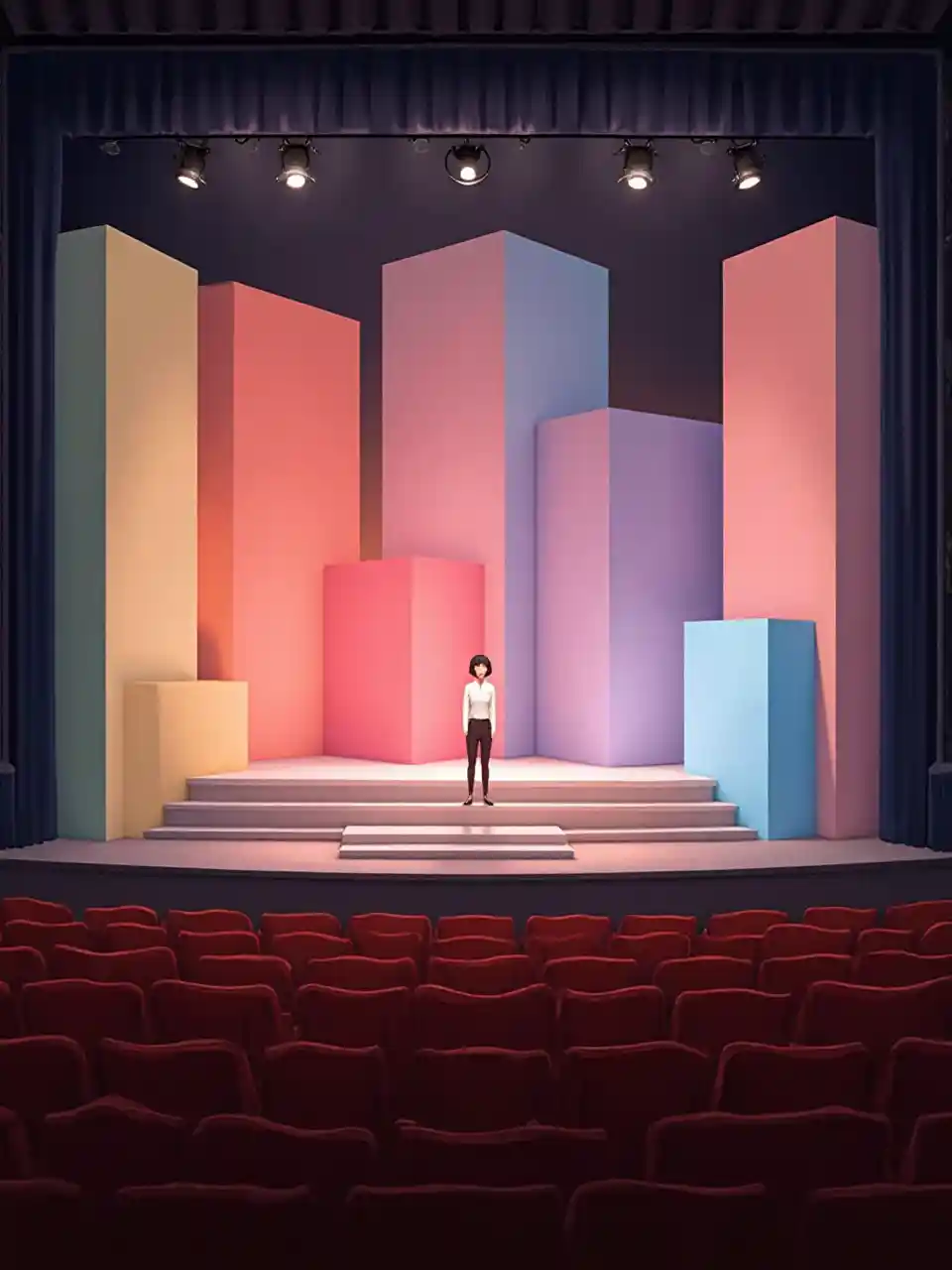 Abstract Geometric Stage Design with Pastel Colors and Lighting