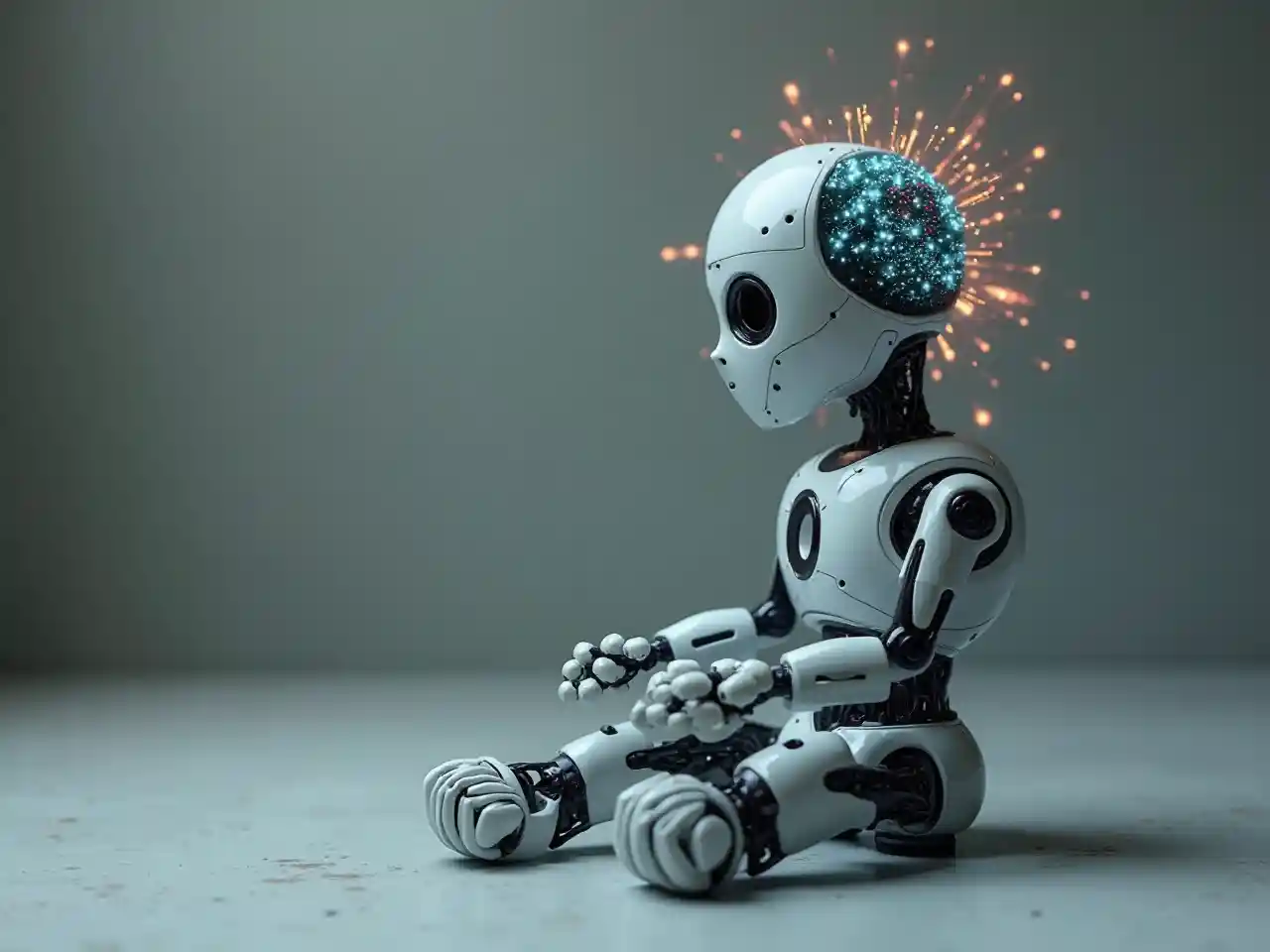 Robot humanoid duduk di lantai dan memamerkan otak microchip-nya