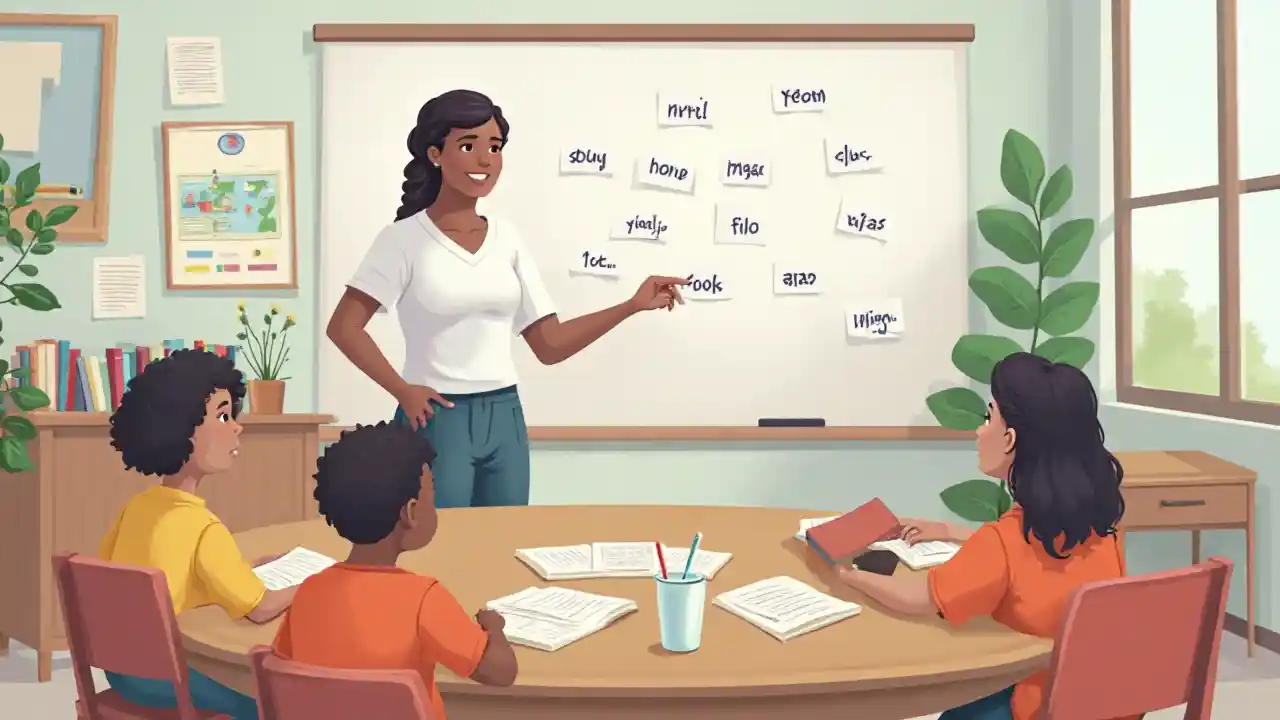 Diverse Classroom Scene with Teacher and Students Learning Vocabulary
