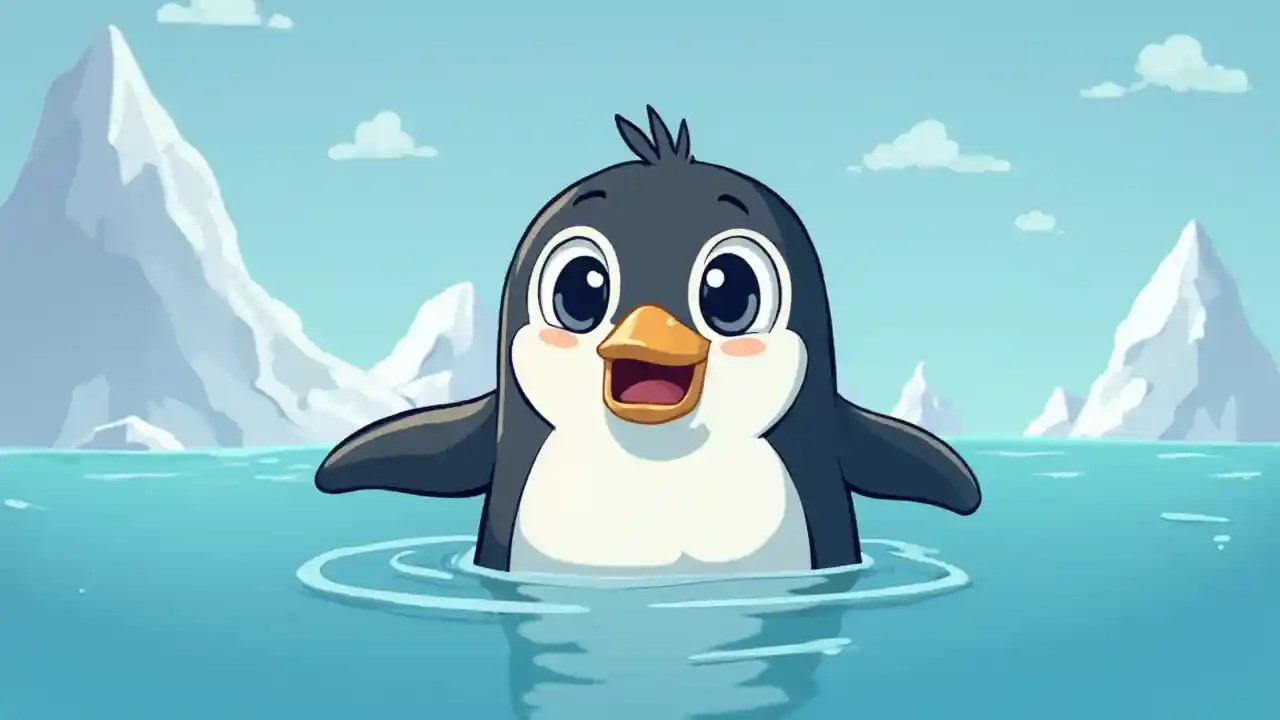 A Cartoonish Penguin Peeking Out of Water in Fear