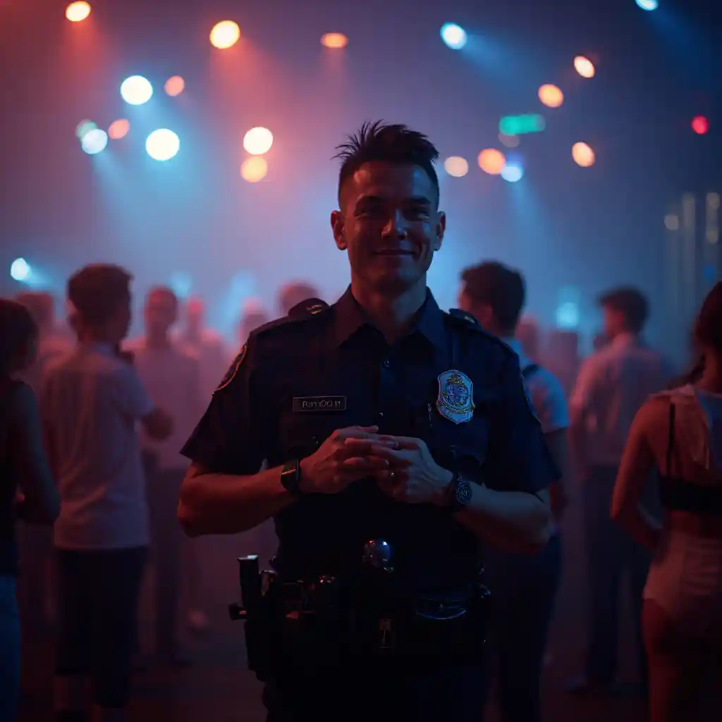 Police Officer Engages with Guests at Disco Party